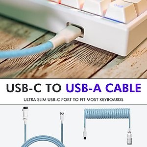 Tilted Nation Coiled USB C Cable for Mechanical Keyboard - Flexible but Tough - Detachable Aviator Coiled Keyboard Cable USB C - (5ft to 5.7ft Length) USB-A to USB-C Keyboard Coiled Cable - Blue