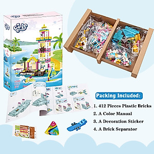 Tblicked Girls Friends Lighthouse Building Toys, Seaside Villa Building Sets 412 Pieces, Beach Fun with Friends Fishing Surfing, Summer Holiday Island Adventures Play Set Gift for Kids Aged 6-12