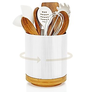 Quuavio Utensil Holder, 360° Rotating Large Kitchen Utensils Holder for Countertop, 7.2" White Ceramics Cooking Utensil Crock for Farmhouse Kitchen Decor, Spatula Organizer Gift