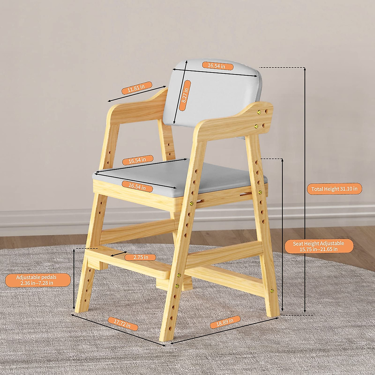 Toddlers High Chair, Adjustable Wooden High Chair for Toddlers with High Rebound Waterproof Cushion for Toddlers to Teens，Toddler High Chair with Steps for Kids Dining, Studying, Step Tool(Grey)