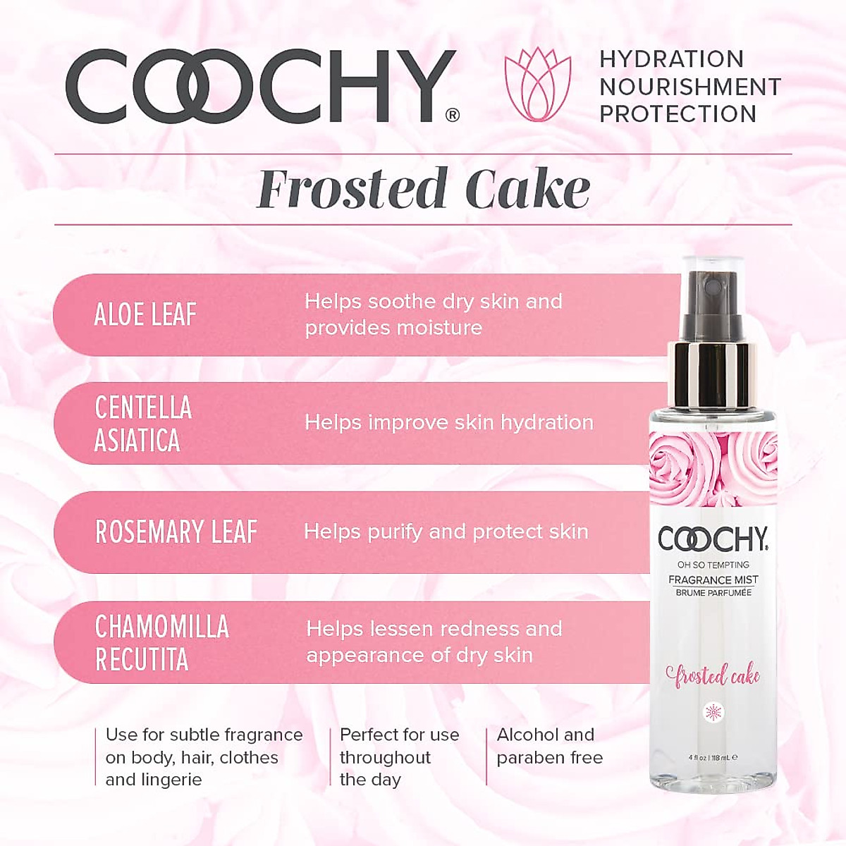 Coochy Fragrance Mist Body Spray - Organic, Boost of Scent for Skin & Hair - Infused w/Vanilla, Butter Cream & Lilac - Frosted Cake, 4floz/118ml