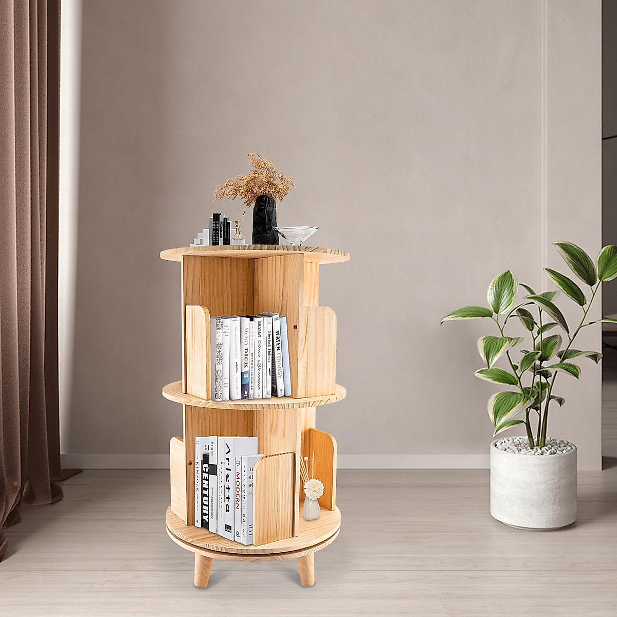 BYGOVICE Pine Wood Rotating Bookshelf Tower with 2 Tiers, Spinning Bookshelf 360 Display Floor Standing, Multi-Functional Bookshelf Organizer for Corridors, Balconies, Living Rooms, Study Rooms