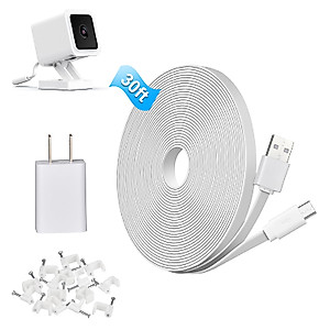30FT Flat Power Extension Cable Compatible with Wyze Cam v3/v4/OG/v3 Pro, Blink Mini, KasaCam Indoor, Blink Mini Pan, SimpliSafe, Eufy, Charging Power Cord for Security Camera