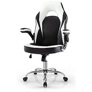 SMUG Gaming Ergonomic Office Computer Desk Racing Style Bonded Leather Gamer Chair, with Flip-Up Arms and Adjustable Height, White