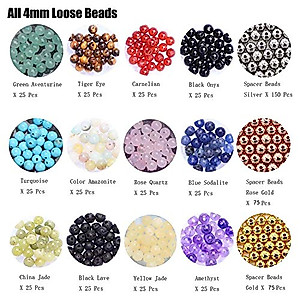 4mm Natural Mixed Materials Gemstones Beads and Brass Tiny Spacer Round Loose Beads Jewelry Making KIT with Thread and Needles 300PCS+300 PCS(12 Natural 3 Brass, 4mm)