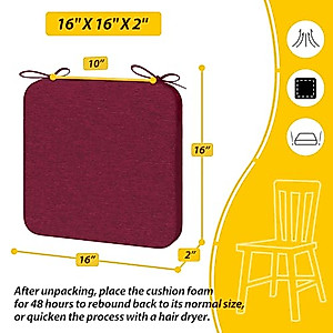 AAAAAcessories Square Chair Cushions with Ties and Removable Cover, 2" Thick Kitchen Chair Pads, Indoor Dining Room Chair Cushions, 16" x 16", 6 Pack, Wine Red