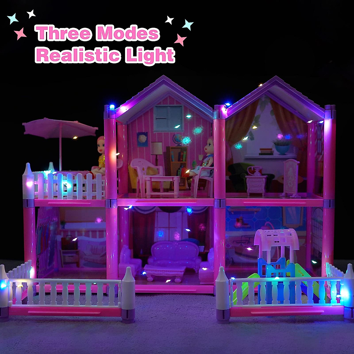 Dollhouse Toy House with Accessories and Furniture, Kids Dollhouses for Girls DIY Doll House Kits with 126 Little Pieces,Dreamhouse Gift for 3 4 5 6 Years Old Toddler Girls (5 Rooms and 1 Balcony)