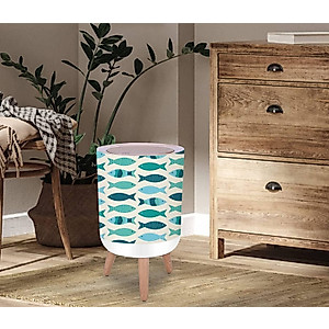 Round Trash Can with Lid Coastal fish seamless blue teal green fish a light sand Modern Press Top Recycle Bin Small Garbage Can Dog Proof Wastebasket Wooden Legs Bathroom Kitchen 7L/1.8 Gallon