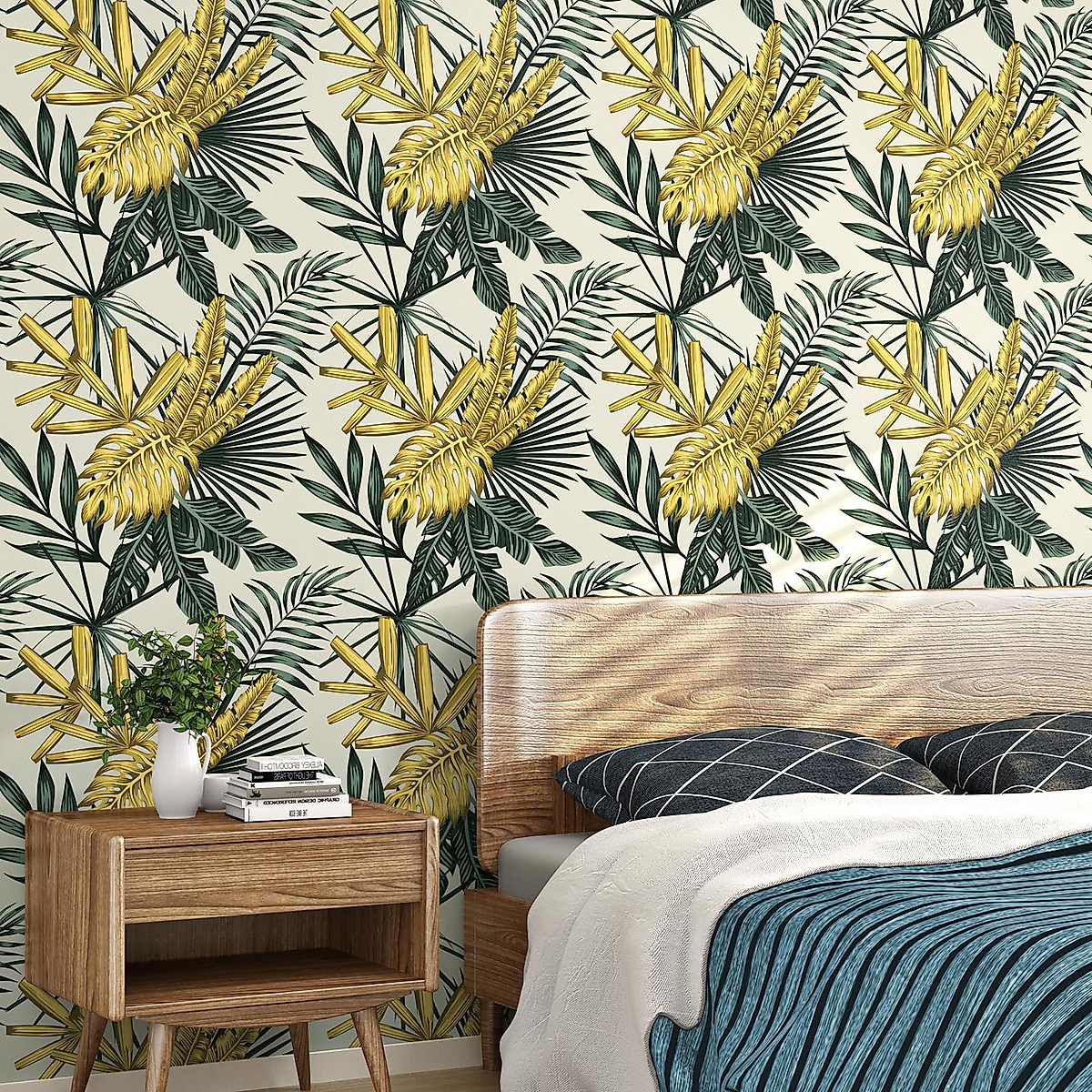 WESTICK Green Gold Botanical Wallpaper 17.5" x 118" Tropical Wallpaper Stick and Peel Floral Contact Paper for Walls Self Adhesive Leaf Wallpaper for Bedroom Kitchen Cabinet RV Countertops