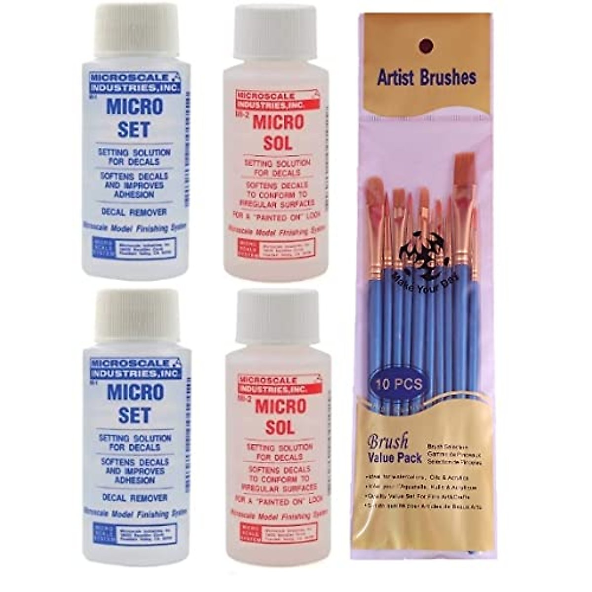 Micro Scale Decal Setting Solution, Micro Set MI1 and Micro Sol MI2, Two Bottles of Each with Make Your Day Paintbrush Set