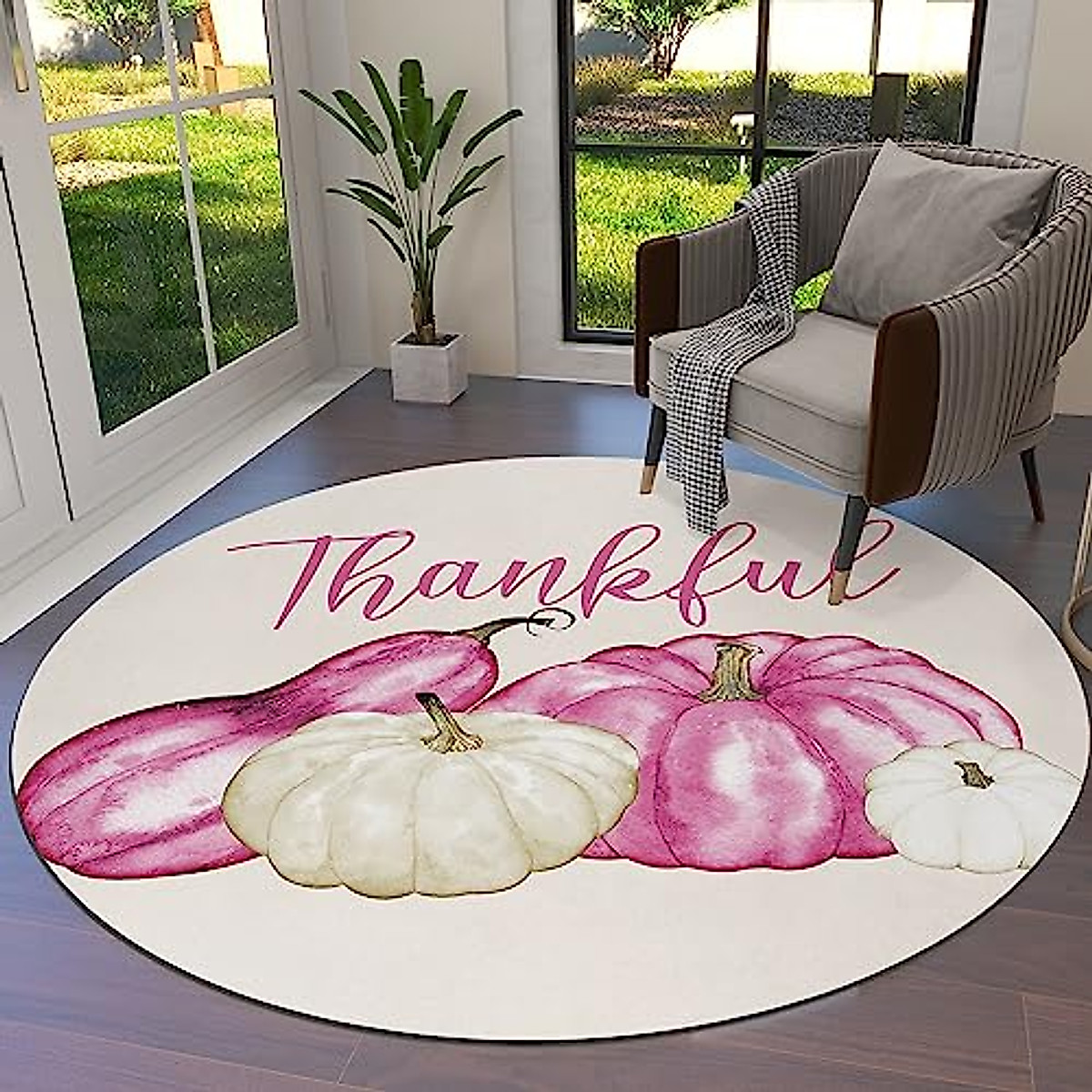 Large Round Area Rug for Living Room Bedroom, 3ft Non-Slip Rugs for Kids Room, Pink White Pumpkins Fall Thanksgiving Washable Carpet Floor Mat for Home Nursery Room Decor