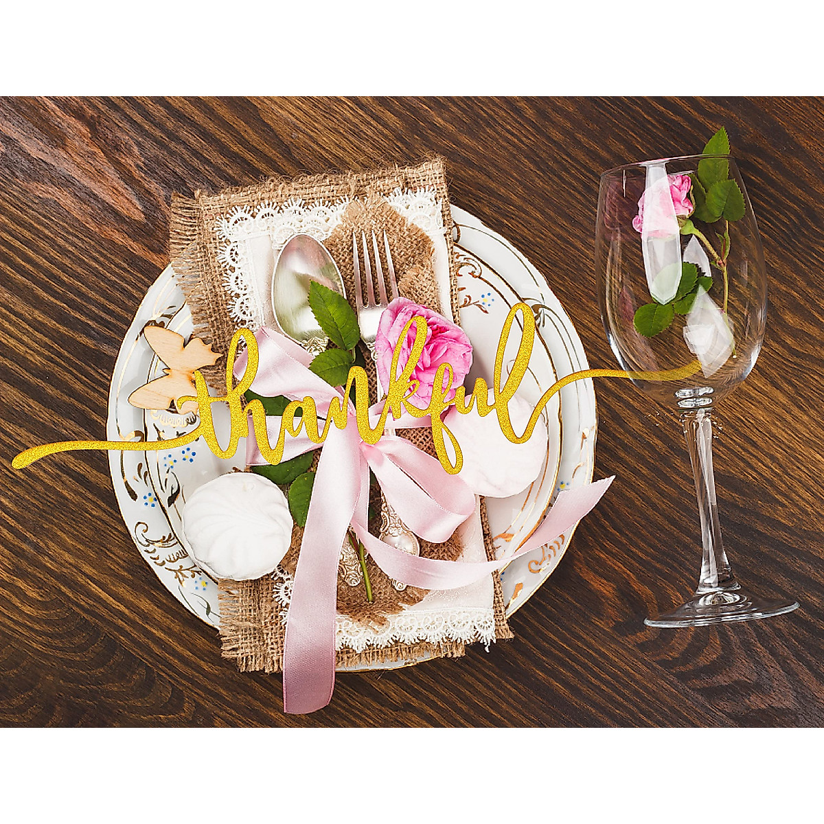 ANOTION Thanksgiving Table Decor, 12 Thanksgiving Cutlery Holder 12 Thankful Grateful Blessed Words Cutout Card Decor Glitter Table Place Card for Thanksgiving Turkey Utensil Décor