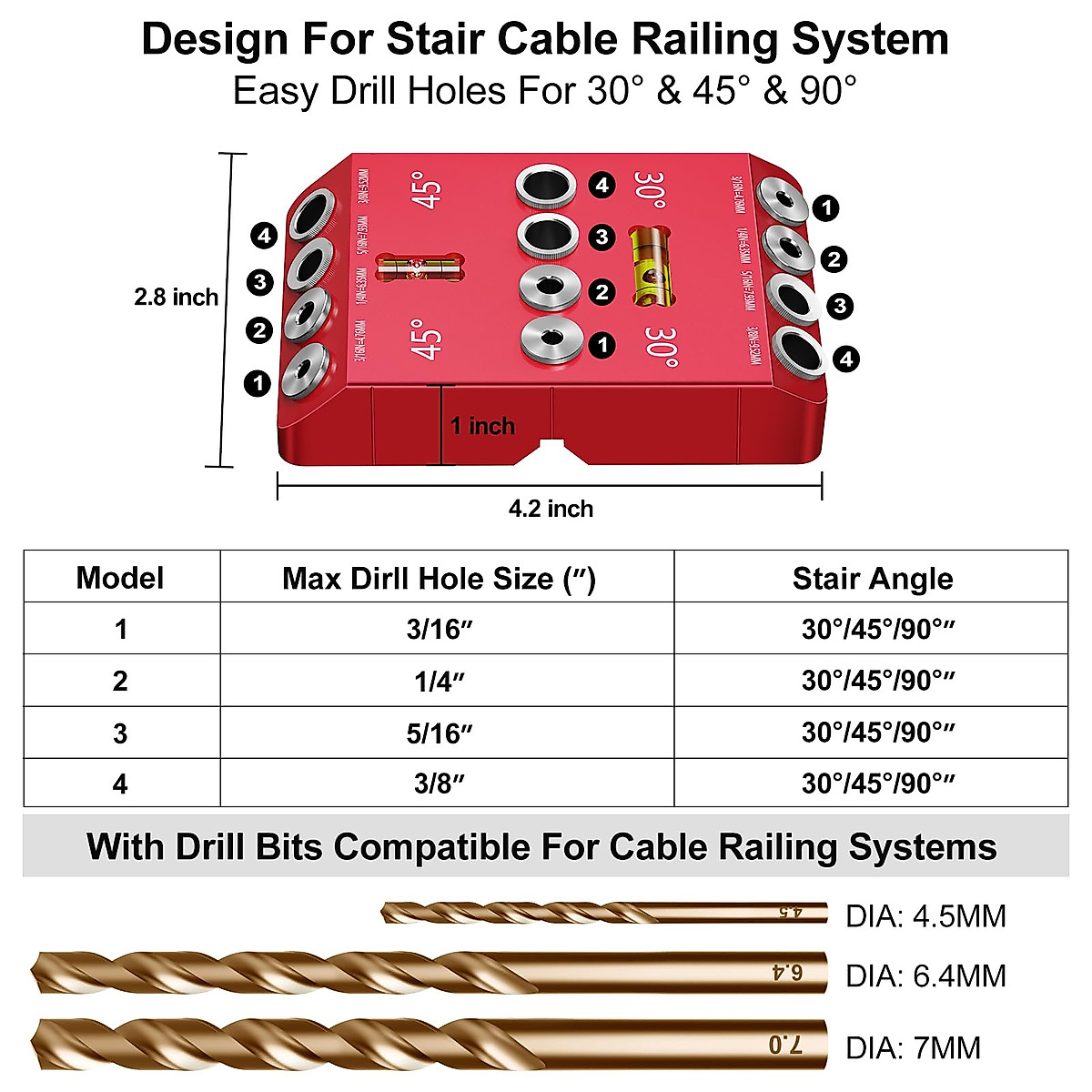 CKE 30 45 90 Degree Angle 4 Sizes Drill Hole Guide Jig with 3 Drill Bits for Angled Straight Hole, Deck Cable Railing Lag Screw Drilling Template Block for Horizontal Cable Wood Post Handrail DG02