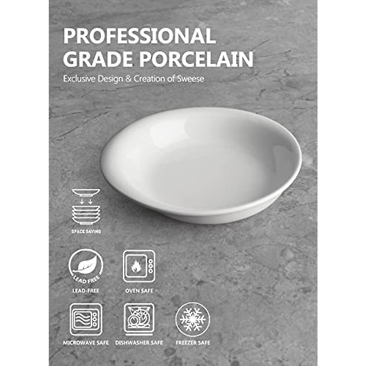 Sweese 140.001 Pasta Bowls - 22 Ounce Porcelain Serving Bowls Salad Bowls for Vegetable, Pasta Fruit Prep- Crescent Series - Set of 6, White