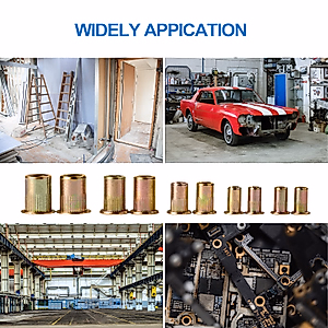 Jotyua Rivet Nut 110pcs #8-32#10-24 1/4"-20 5/16"-18 3/8"-16 Carbon Steel UNC Rivet Nuts Assortment Kit, Yellow Zinc Plated Finish, Flat Head Threaded Insert Nut Assort