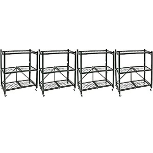 Origami R3 General Purpose Foldable 3-Tiered Shelf Storage Rack with Wheels for Home, Garage, or Office, Pewter (4 Pack)