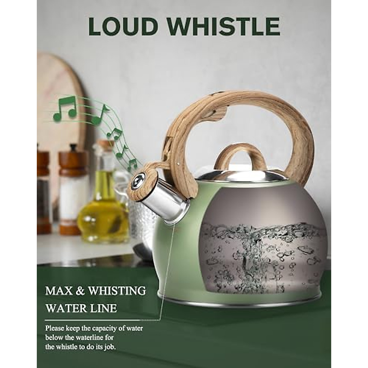 Hauce Radio Tea Kettle Stovetop, 2.1 Quart Stove Top Whistling Tea Kettle, Teapot Kettles with Food Grade Stainless Steel and Wood Pattern Folding Handle, Suitable for All Heat Sources