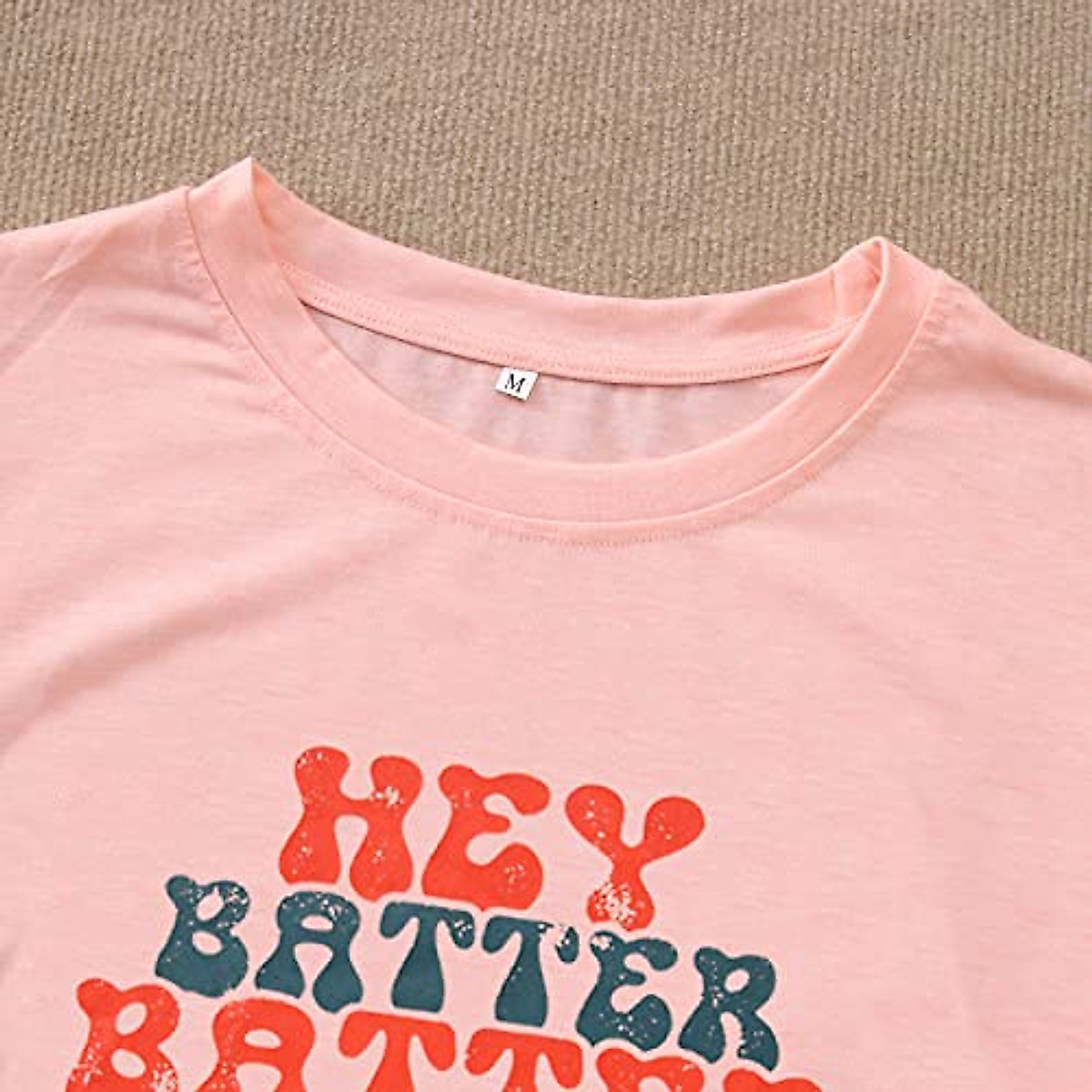 Cute Baseball T-Shirt Women Hey Batter Swing Tee Shirt Short Sleeve Casual Summer Funny Graphic Sports Tops (Light Pink, M)