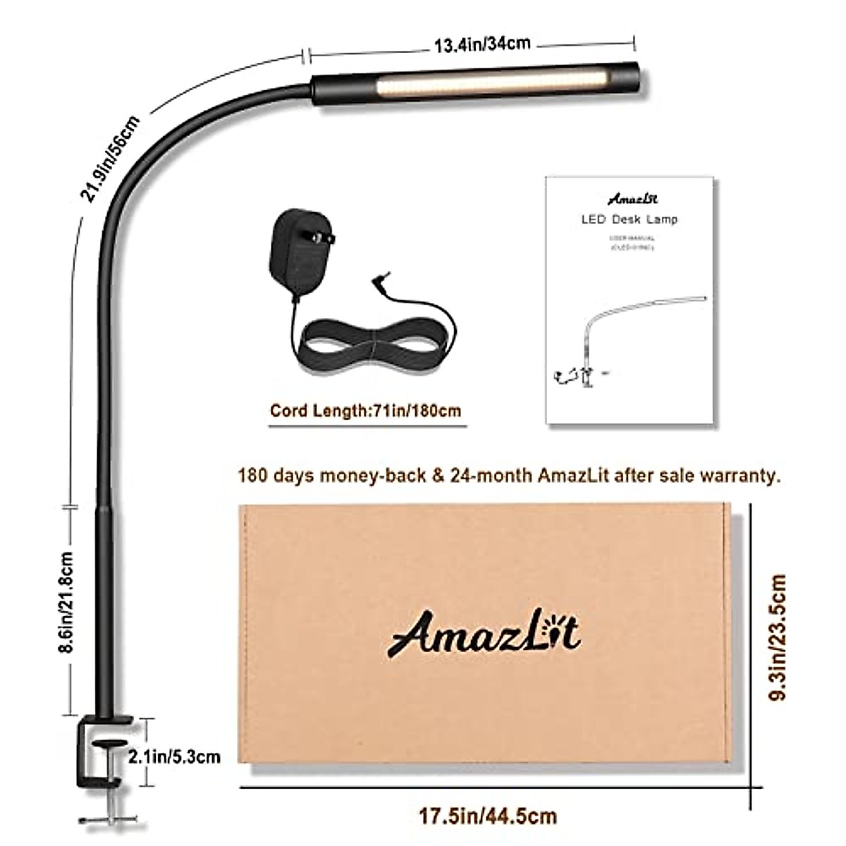 AmazLit Desk Lamp, Eye-Caring Desk Light, Gooseneck Lamp with Clamp, Adjustable Color Temperature & Brightness, Clip on Lamp with Memory & Timer Function, Clamp Lamp for Home Office, 12W, Black