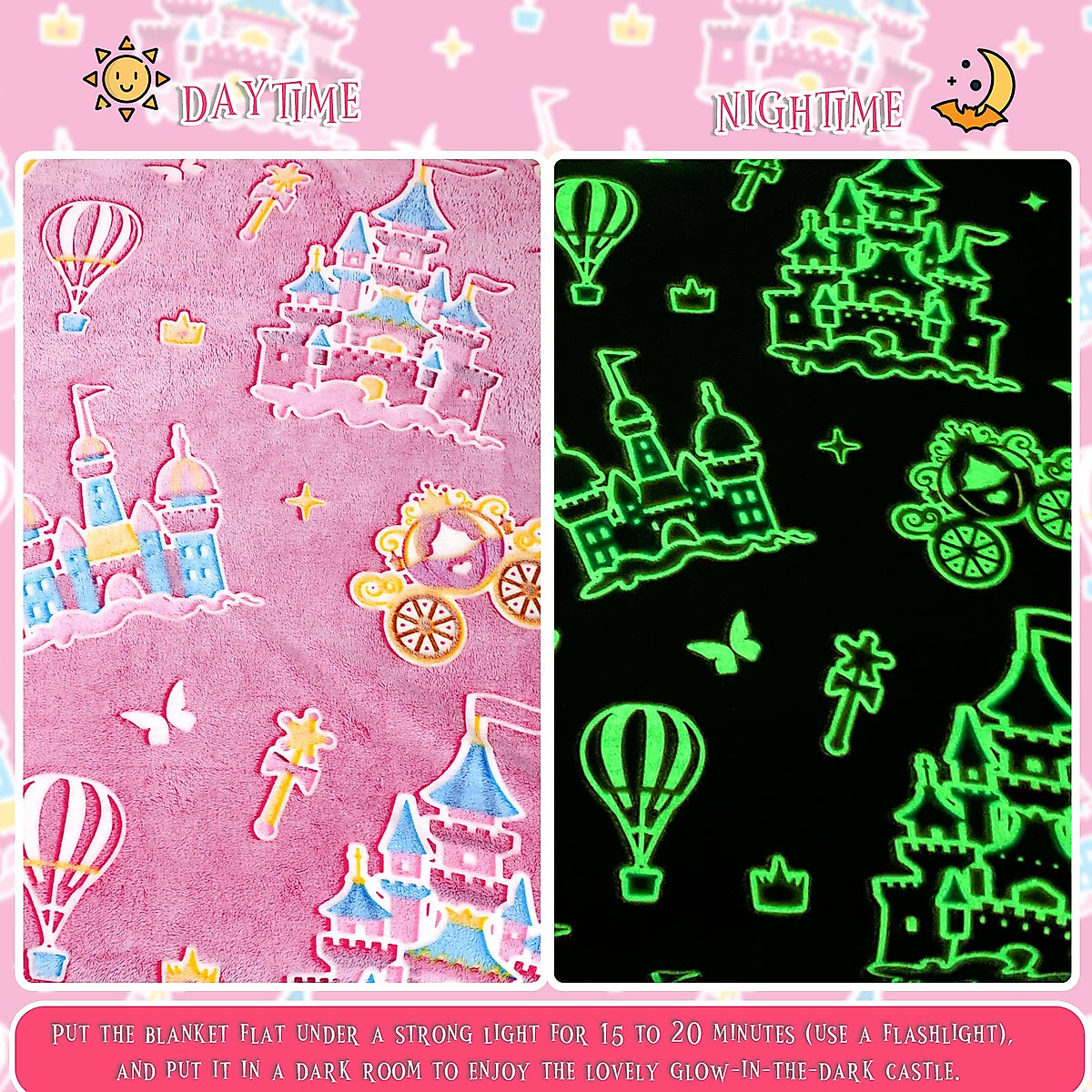 BORORO Princess Blankets for Girls - Glow in The Dark Blanket Castle Pink Blanket Birthday Gifts for Toddler Kids Girls Blankets