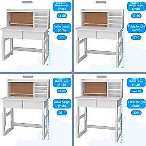 NKUGCFC White Kids Desk and Chair Set for 5-18 Year Old,Ergonomic Height Adjustable Childrens Study Desk with 2 Drawers,Kids Art Table with Storage-7HsbQo