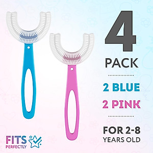 PUREVACY Kids U Shaped Toothbrush for 2-8 Years Old, 4 Pack Blue Food-Grade Silicon All Around U Shape Toothbrush, Funny Full Mouth Toothbrush for Kids with Soft Bristles and Ergonomic Handle