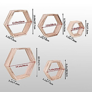 WONFUlity Hexagon Floating Shelves, Wall Mounted Wood Farmhouse Storage Honeycomb Shelves Set of 5 Wall Shelf for Bathroom, Kitchen, Bedroom, Living Room,Driftwood Finish Wall Decor, Light Brown