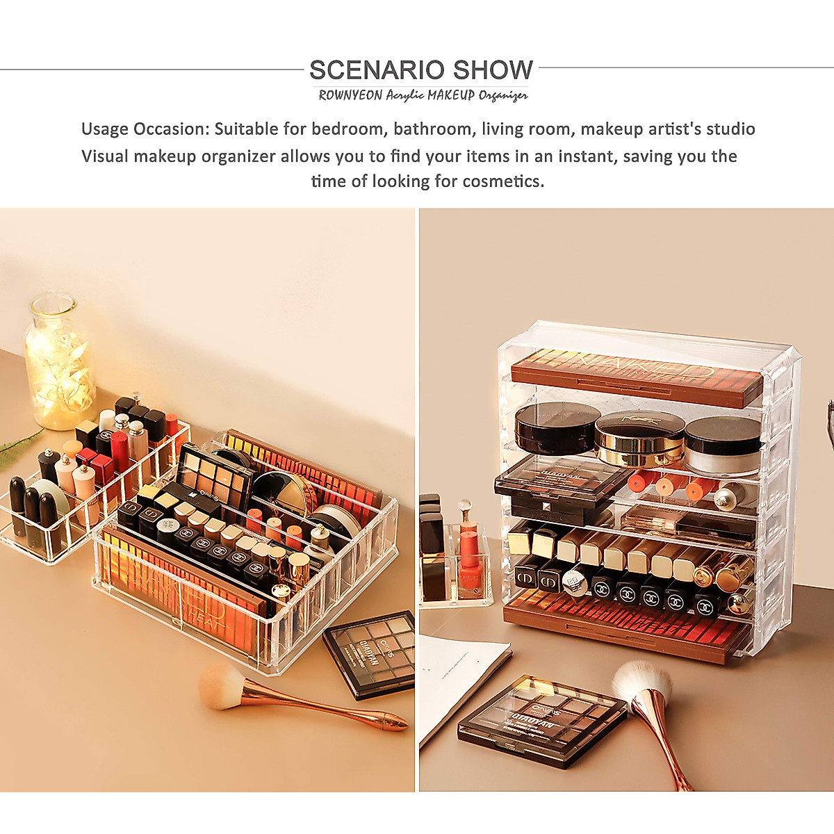 ROWNYEON Acrylic Makeup Organizer Compact Makeup Palette Organizer 8 Spaces Eyeshadow Pallet Makeup Organizer Holder For Vanity Clear Cosmetics Makeup Drawer Organizer With Removable Dividers