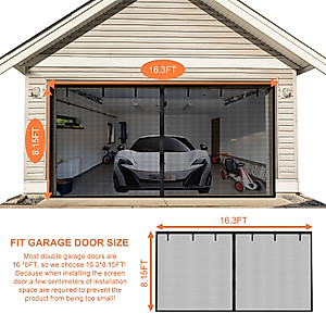 Fiberglass Magnetic Garage Screen Door - Double 16x7ft (2 car) Hands Free Mesh Screen Door，DIY Retractable Garage Door Screen with 6 Roll Up Starps (Fit 16 Ft W * 7 Ft H-A)