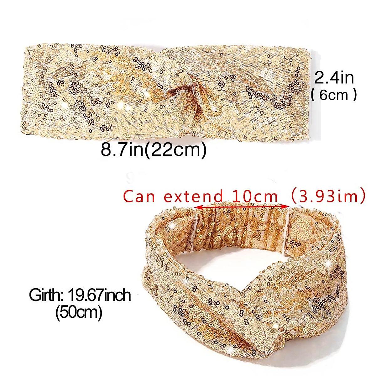 CAKURE Sequins Headbands Criss Cross Hairbands Stretchy Wide Head Bands Turban African Head Wrap Hair Accessories for Women and Girls Pack of 1 (Gold)