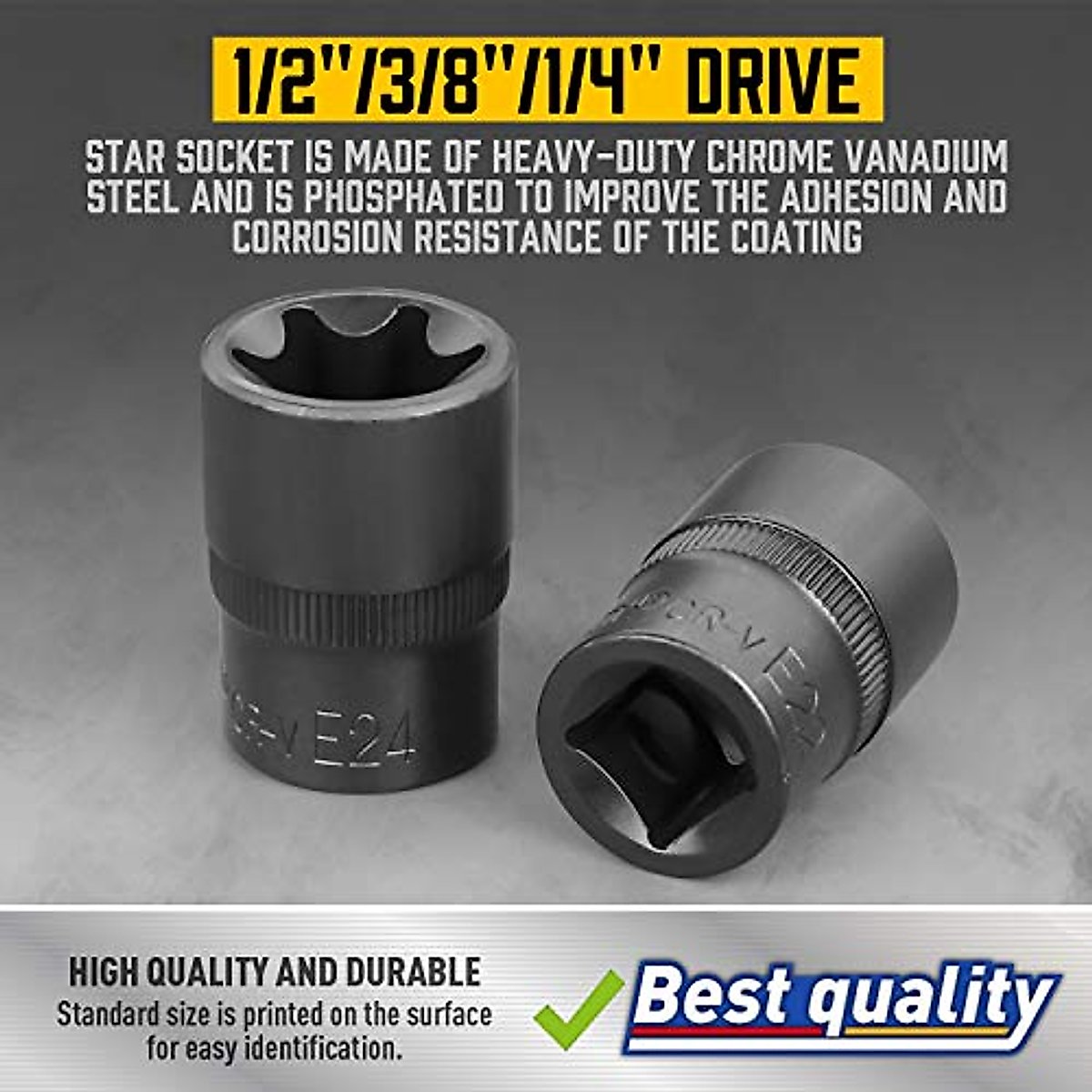 Amartisan 14 Pc Female E-Torx Star Socket Set/Rail, 1/4" 3/8" 1/2" Drive, E24 External Torque Socket Set