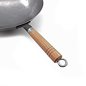 CZDYUF Traditional Hand Hammered Carbon Steel Pow Wok with Wooden and Steel Helper Handle, Round Bottom