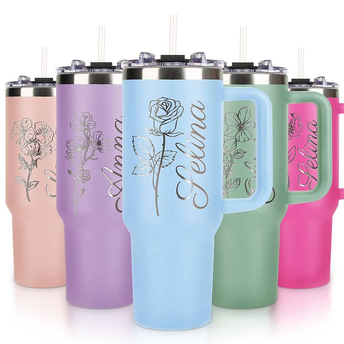 Personalized 40 Oz Tumbler with Handle and Straw - Custom Bridesmaids Gifts Gifts with Name and Birth Flower - Personalized Tumbler Travel Coffee Mug - Bridesmaid Gifts for Wedding Day