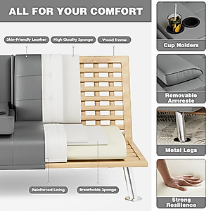 JUMMICO Faux Leather Futon Sofa Bed Futon Couch with Removable Armrests Adjustable Sleeper Sofa Bed with 2 Cup Holders for Living Room (PU Leather, Grey)