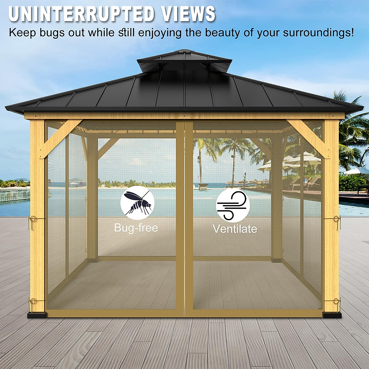 10-ft x 10-ft Gazebo Netting Replacement,Universal 4-Panel Mosquito Netting for Gazebo with Zippers(Only Netting)-Beige