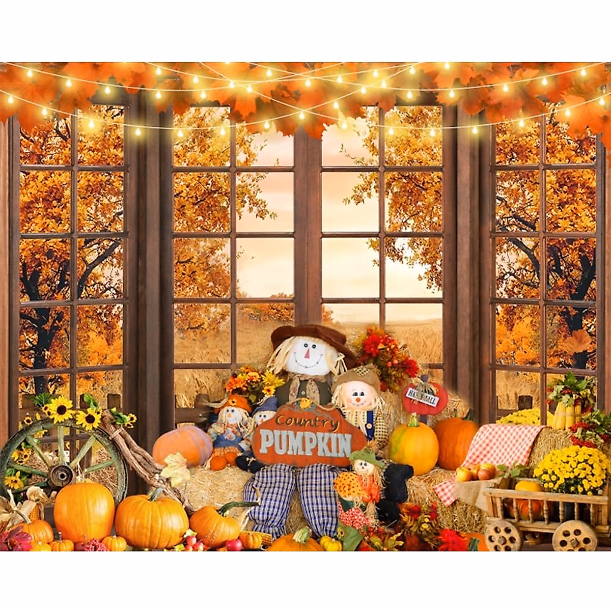 Fall Thanksgiving Backdrops for Photography Pumpkin Fall Window Photo Backdrop Scarecrow Maple Leaves Background Autumn Harvest Party Decorations Background Baby Shower Party Banner Photo Props 10x8ft