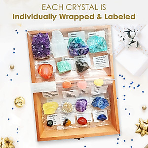 Aovila Premium Crystals and Healing Stones Gift Set in Wooden Box - Chakra Stones Healing Crystals Set for Beginners, Natural Healing Crystals and Stones - Valentines Day Crystal Gifts for Her Women