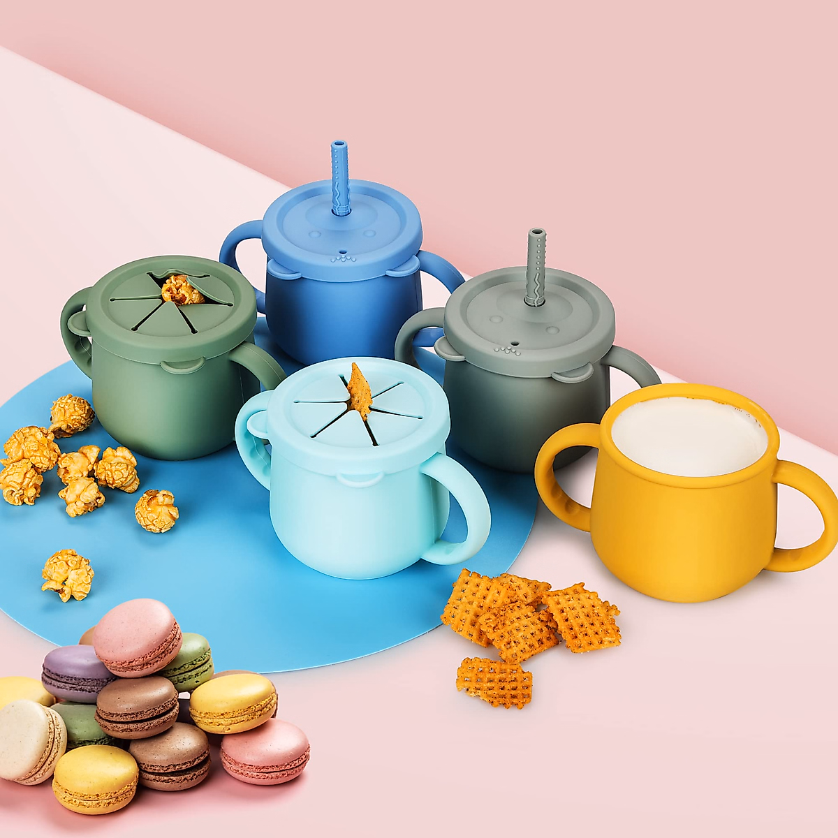 Baby Straw Cup Silicone Toddler Sippy Cup with Straw & Snack Lid, Sprill Proof Training Cup for Infant 6+ Months, Kid Snack Cup Drinking Open Cup 8 OZ (Waterspout Blue)