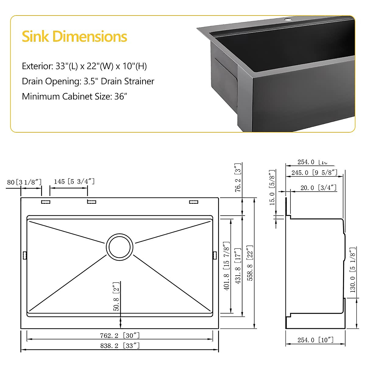 33 Inch Black Drop in Farmhouse Sink, Luckyhorse 33x22x10 Inch 16 Gauge Black Stainless Steel Topmount Workstation Apron Front Kitchen Sink with Accessories LH010S