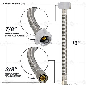 Highcraft 27416-NL-2 Toilet Connector, Braided Stainless Steel Hose Connects to Supply Line 3/8 Compression x 7/8 Female Ballcock Nut 16 Inch