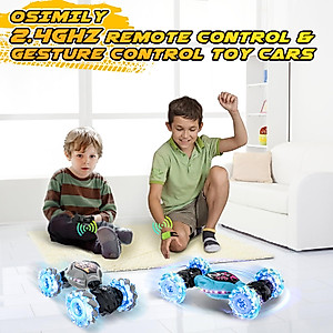 OSIMILY Remote Control Car,2.4GHz LED Gesture Sensing RC Stunt Car,4WD Double Sided Rotation RC Car with Lights and Music,All Terrain Rotation Drift Car Birthday Gifts for Boys Girls (Blue)