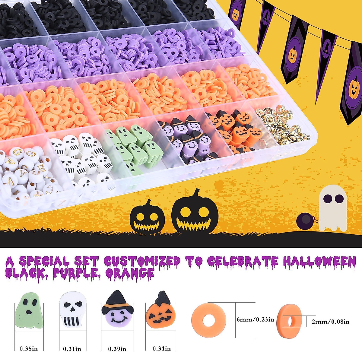 Megoogo Thansgiving Day Clay Beads Bracelet Making Kit, 2340 pcs Polymer Heishi Flat Round Fall Clay Beads with 145 pcs Charms for Friendship Bracelets Making DIY Crafts