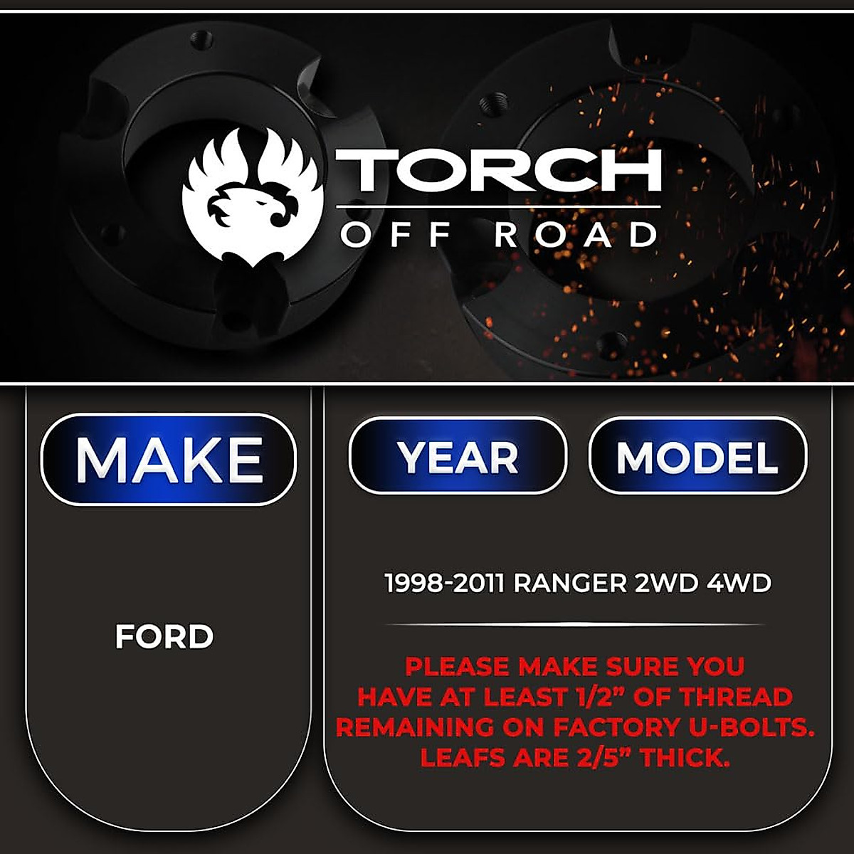 TORCH 1.5"-2" Rear Add A Leaf Lift Kit for 1998-2011 Ford Ranger 2WD 4WD 4X4