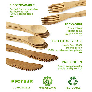 PFCTRJR Bamboo Cutlery Set -30 PCS Reusable Bamboo Utensil Fork Knife Spoon-Bamboo Flatware Sets for Camping, Travel, Picnic, Office, School,Bamboo Silverware Set with Pouch Bag