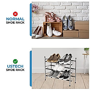 USTECH 3 Tier Adjustable, Expandable Shoe Rack Storage Organizer | Portable, Large, Free Standing Closet Shelf for Bedroom and Entryway | Metal Shoe Shelf for Kids and Adults | 12 Pairs of Shoes