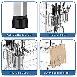 GSlife Dish Drying Rack, Stainless Steel 3 Tier Dish Rack with Tray Utensil Holder, Large Capacity & Rustproof Dish Drainer for Kitchen Counter, Silver