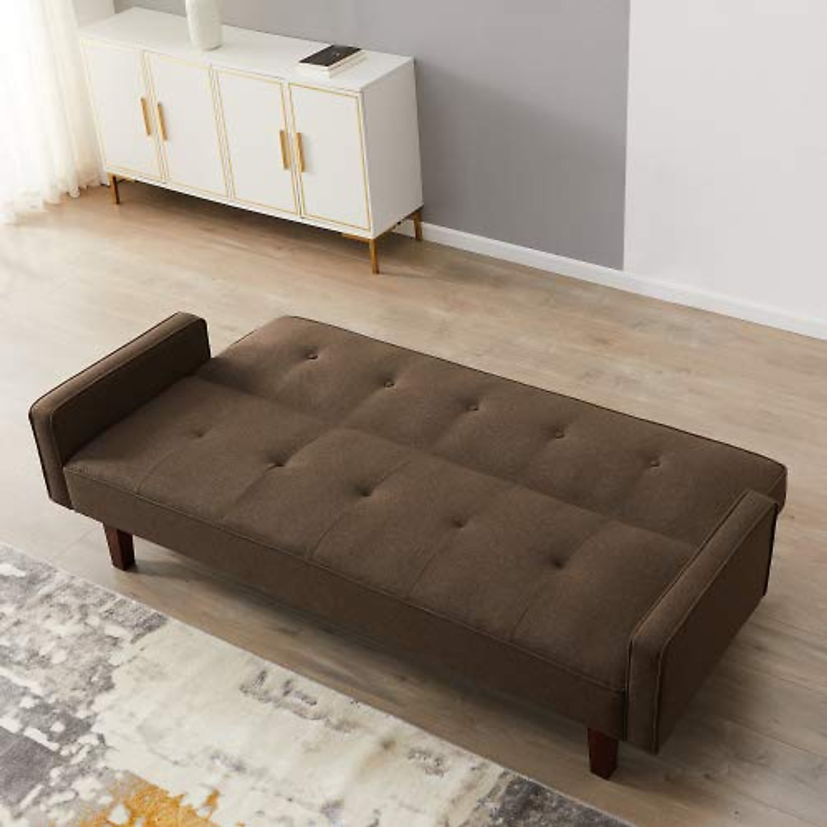 Modern Upholstered Fabric Folding Futon Sofa Bed for Compact Living Space, Apartment, Dorm, Convertible Sleeper Sofa Couch Home Recliner Lounge with Armrest, Square Wooden Legs and Center Leg (Brown)