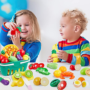 FLMRIOY 77 Pcs Cutting Play Food Toys for Kids Kitchen Accessories Peel & Cut Fruits and Vegetables Pretend Role Play Set with Storage Basket Fake Food Toys for Toddlers Children's Day Gift