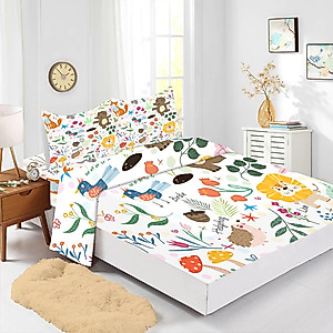 EDGZKO Sheet Set Cartoon Animals: Queen Size Cute Bed Sheets for Toddler Girls Boys Kids Deep Pocket Lovely Fox Bear Lion Flowers 4 Piece Bedding Sets 1 Flat Sheet & 1 Fitted Sheet & 2 Pillowcases