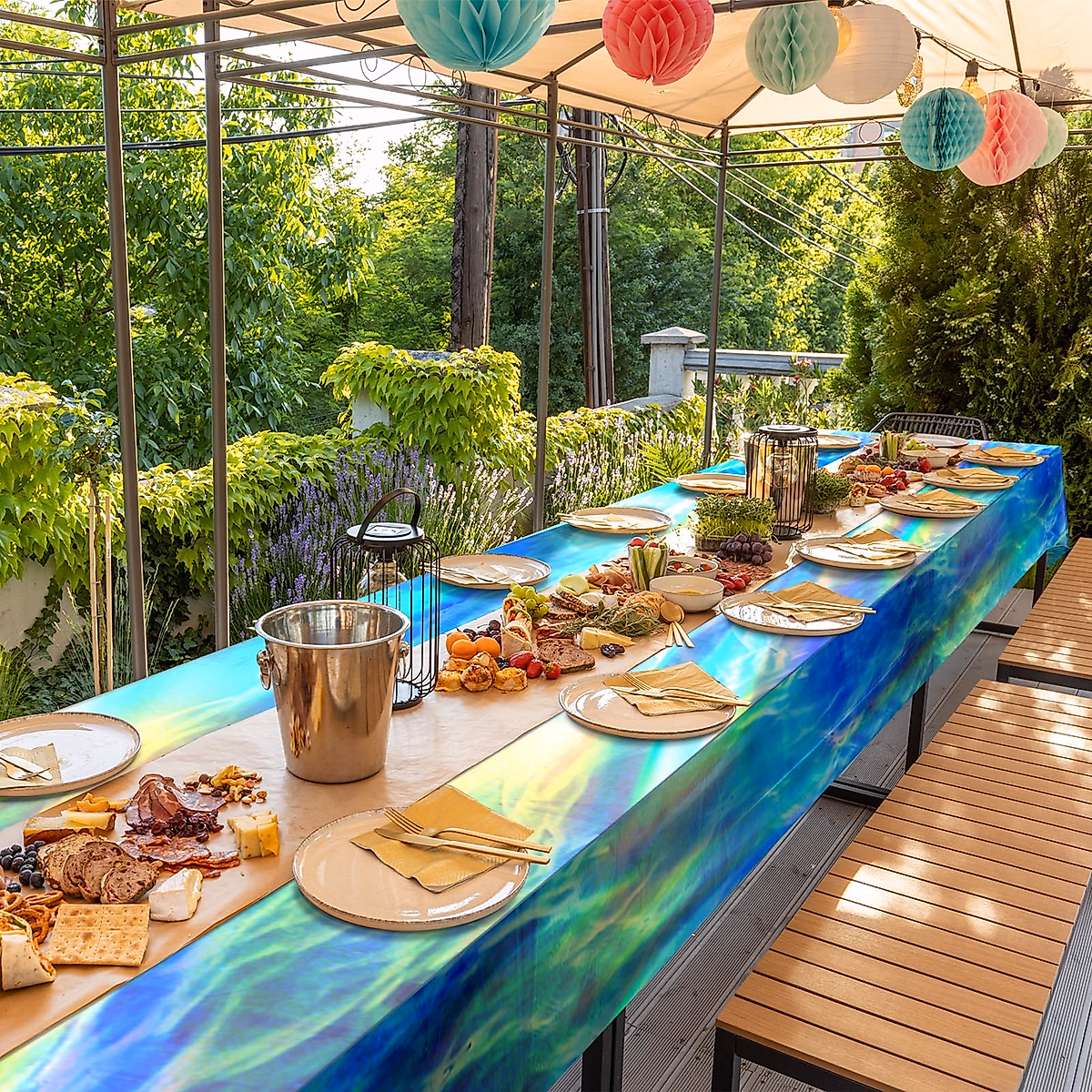 1 Roll 1200 Inch X 54 Inch Iridescent Under The Sea Tablecloth Ocean Wave Tablecloth Plastic Disposable Iridescent Table Covers Backdrop for Ocean Under The Sea Mermaid Pool Beach Party Decorations